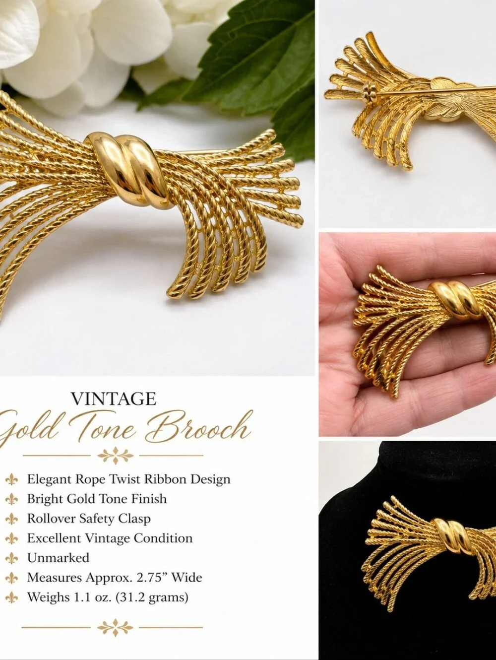 Jewelry | Vintage Gold Tone Ribbon Bow Brooch Pin Mid Century Rope ...